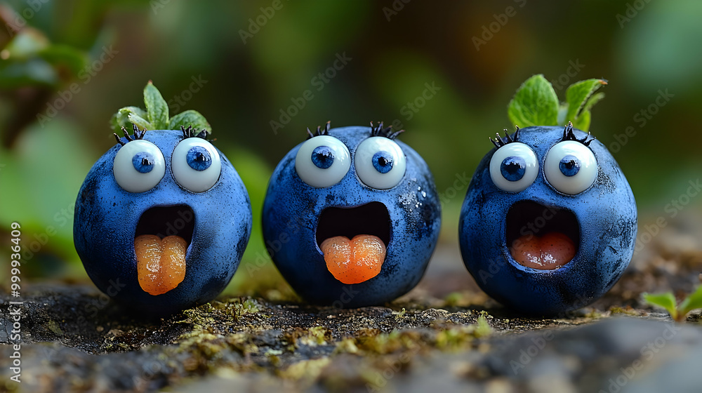 Funny Blueberries with Googly Eyes, A Surprised Fruit Trio Stock ...