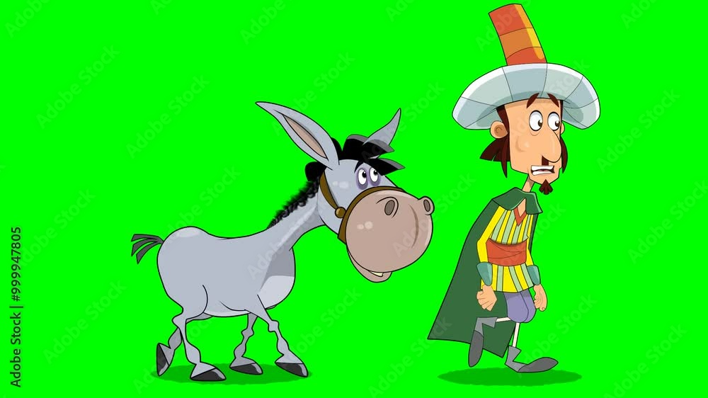 2d animated character of clown or slave of king and donkey walking and ...