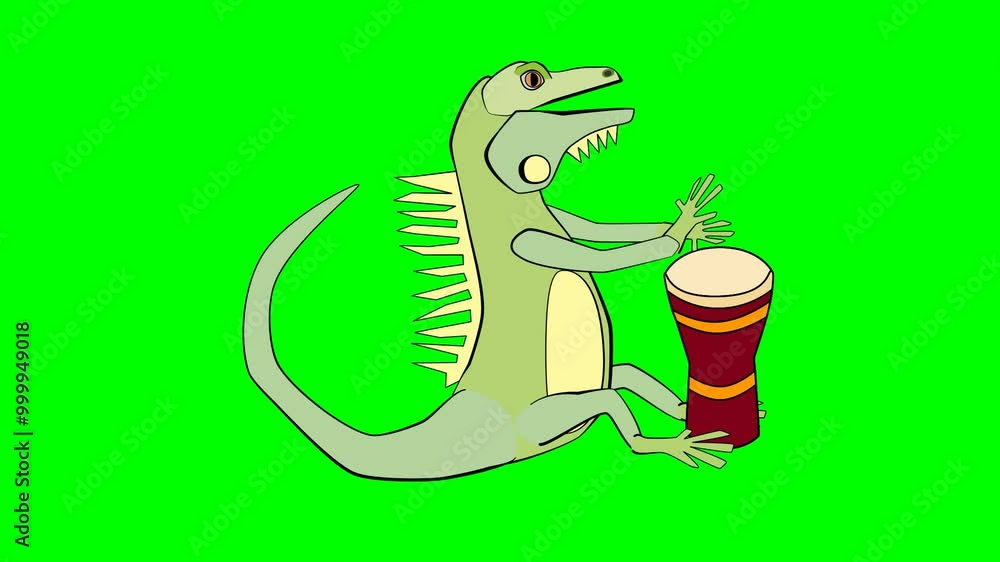 2d animated character of lizard crocodile chameleon is drumming with ...