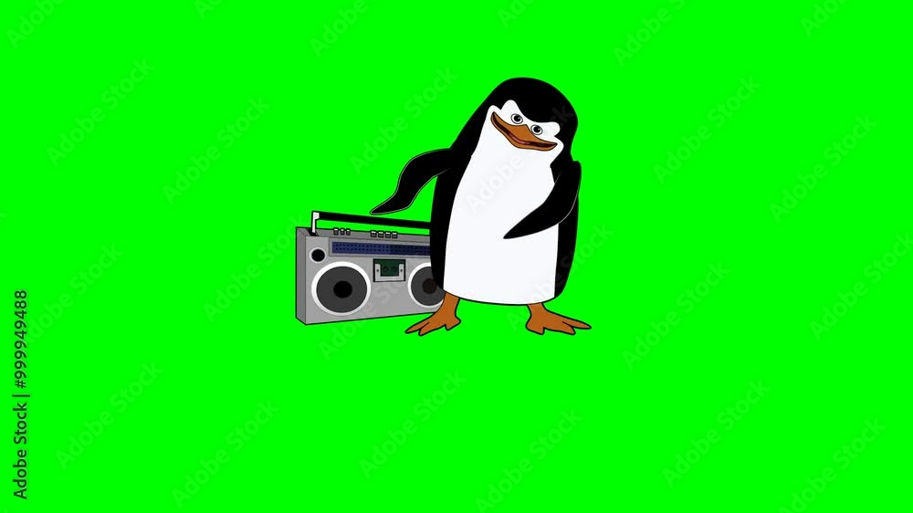 2d animated character of A penguin waving bye bye to a band and dancing ...