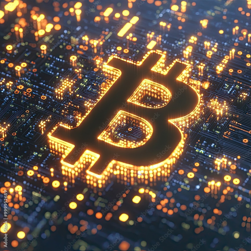 Digital currency symbol floating in a 3D grid of glowing nodes, representing cryptocurrency and ...