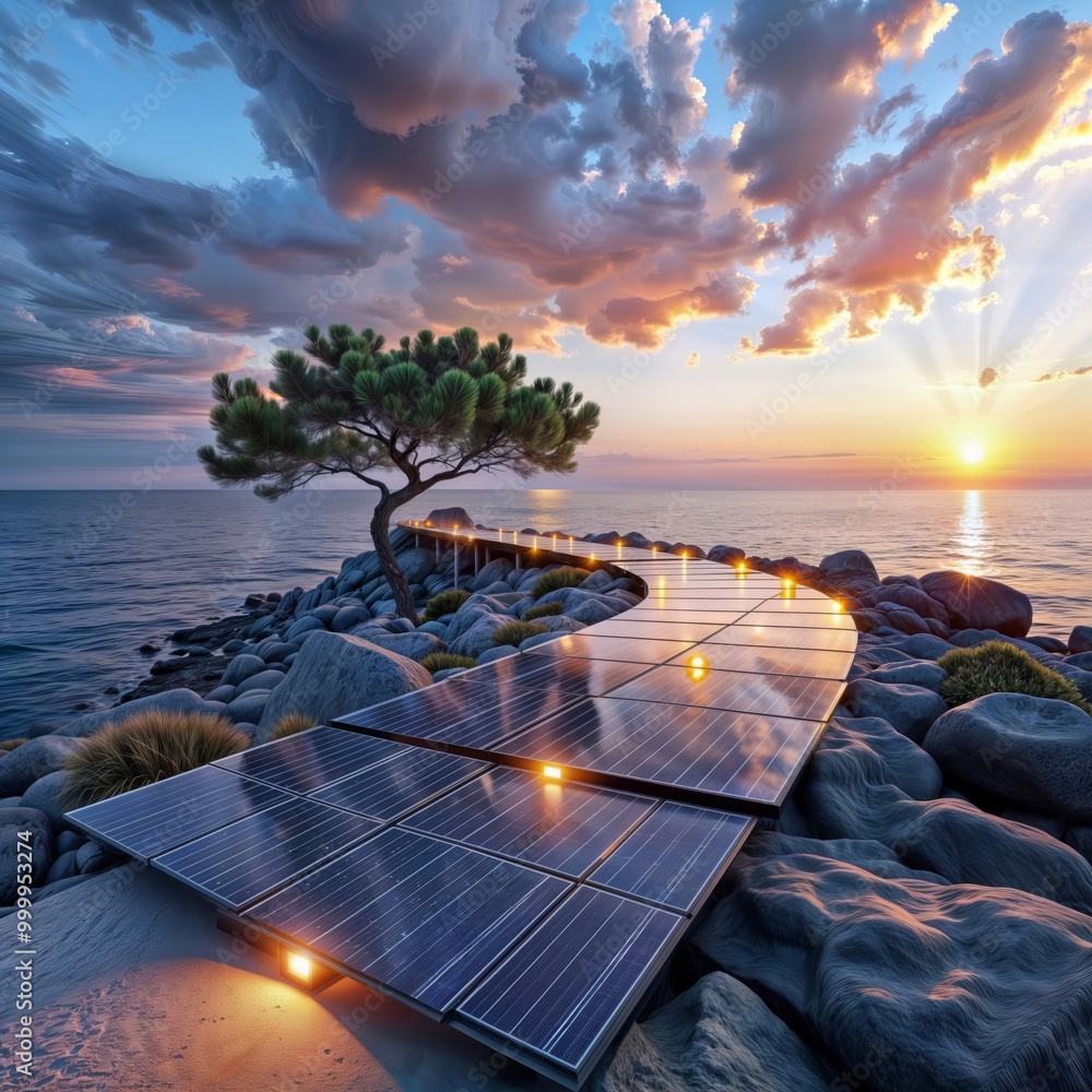 Coastal Solar Installation. Curved solar panel walkway on rocky ...