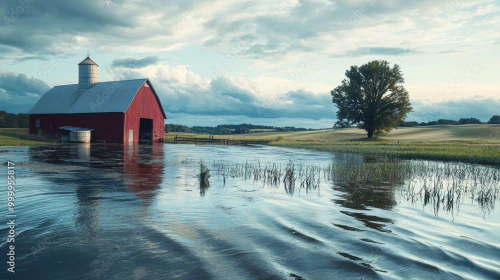 rural farm is inundated by flash flood, with crops submerged in water ...