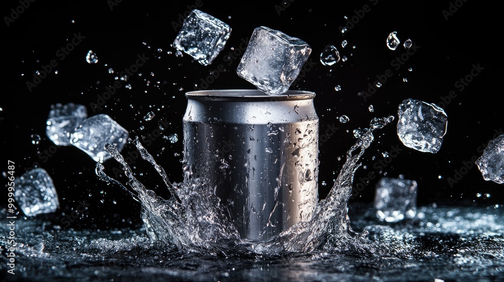 Empty can and flying ice cubes captured mid-air with a dramatic water ...