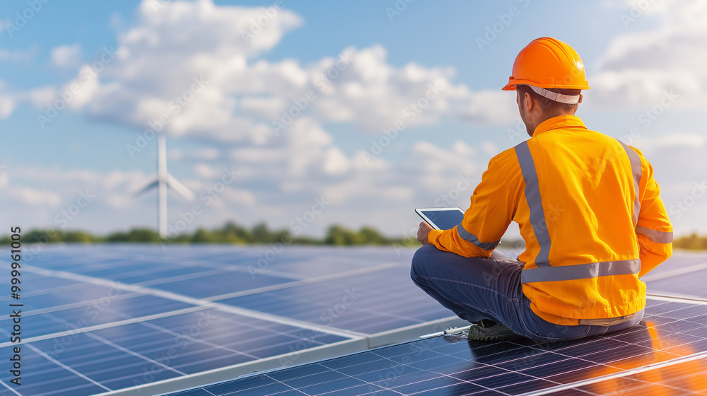 A power plant engineer installs solar panels To inspect the solar panels, engineers use tablets ...