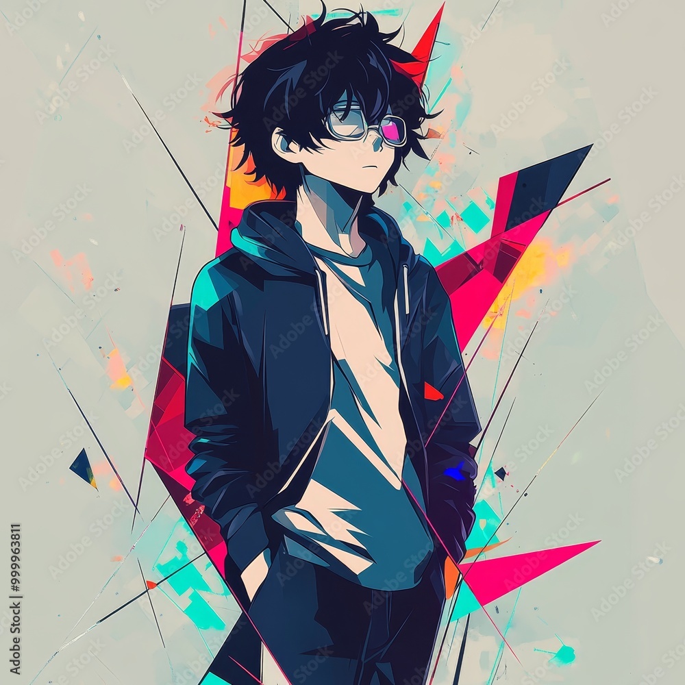 Geometric shapes in anime cartoon boy images. sharp and eye-catching ...