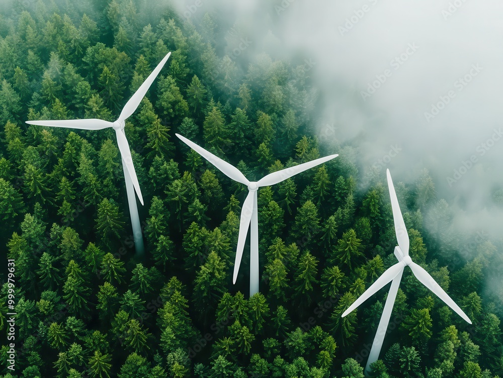Wind turbines spinning in a foggy forest, blending with the natural ...