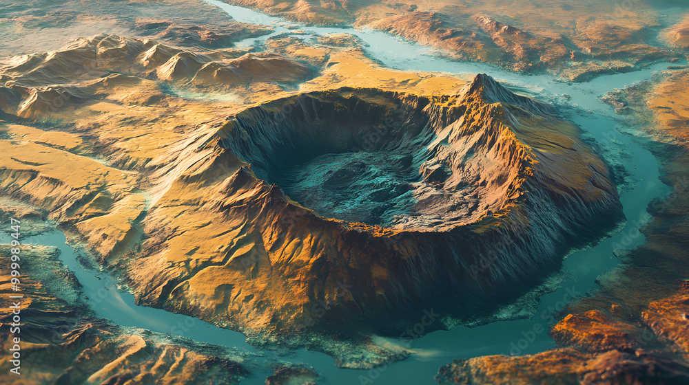 3d topographic map of volcanic crater and surrounding rivers. Volcanic ...