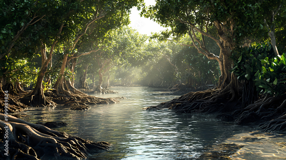 3d visualization of a dense mangrove forest with intricate root systems ...