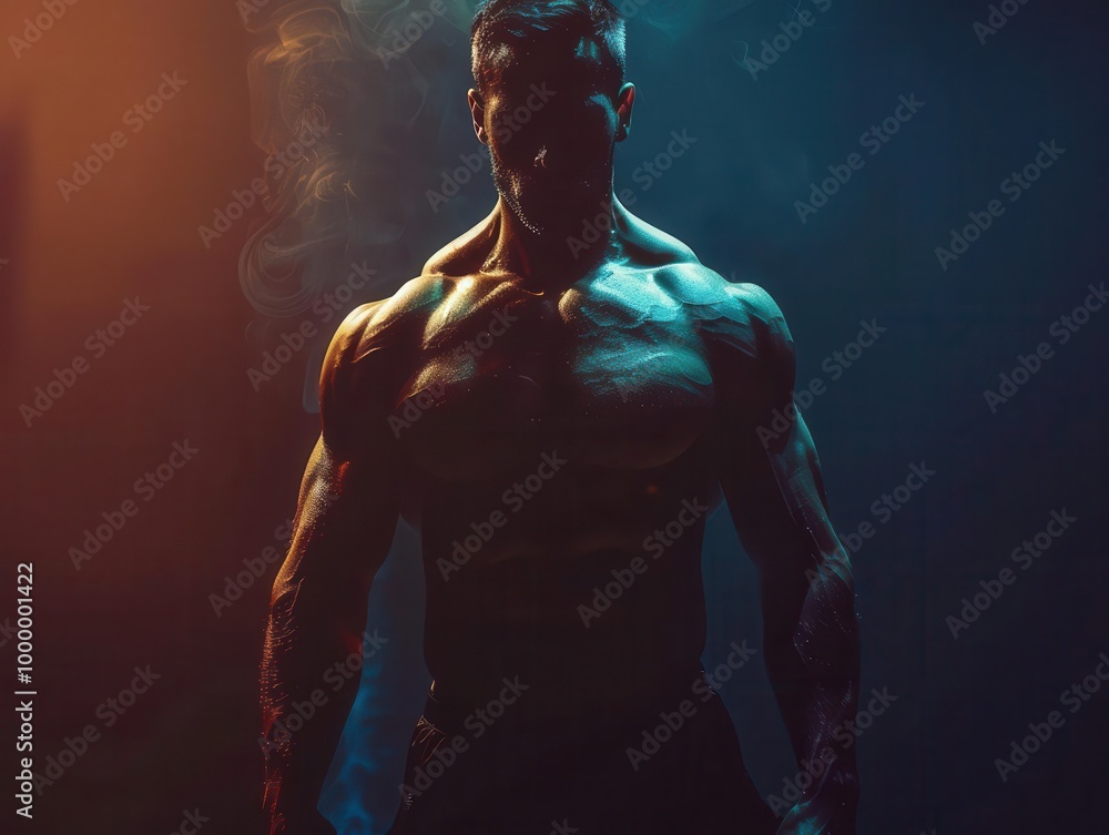 Dynamic fitness portrait showcasing a muscular male physique after an ...