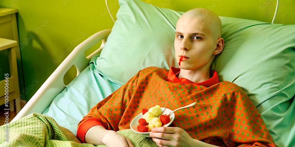 Skinny Patient Eating in Bed, Bald Head and Tired Expression Stock ...