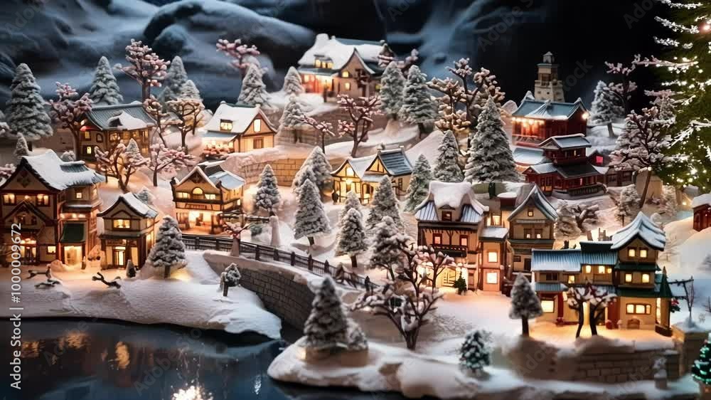Miniature christmas village is glowing at night with snow covering the ...