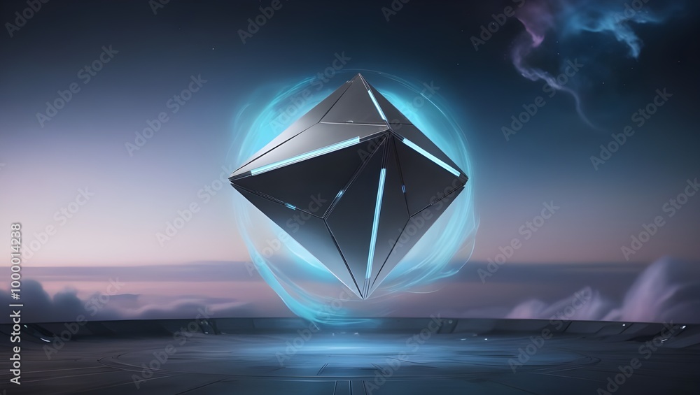 Abstract 3D Rendering of a Flying Cube, Sci-Fi Shape in Empty Space ...
