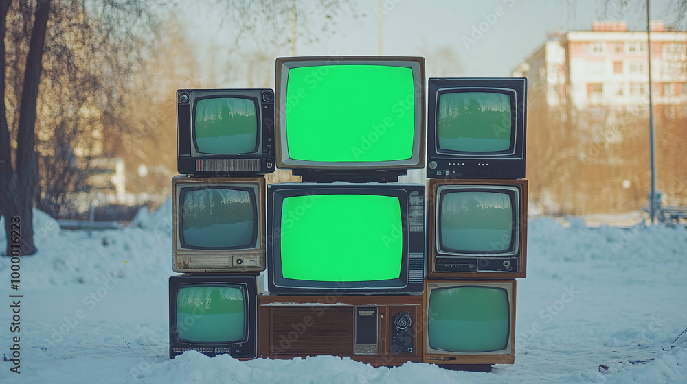 stack of old televisions stacks of tvs green screen monitor cinematic ...