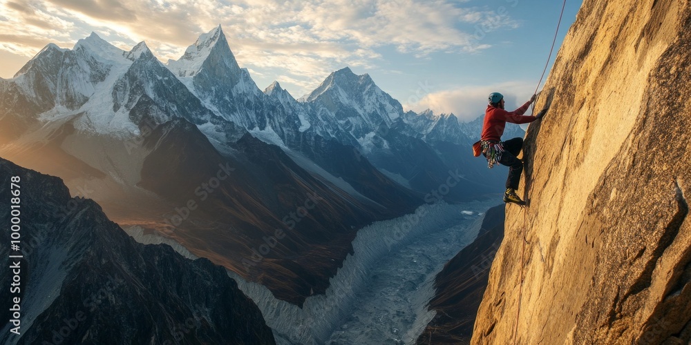 A climber ascends a towering mountain with breathtaking views of peaks ...