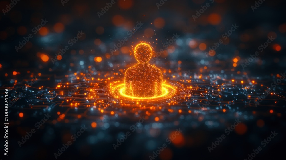 Glowing data science icon with orange light particles on a circuit ...