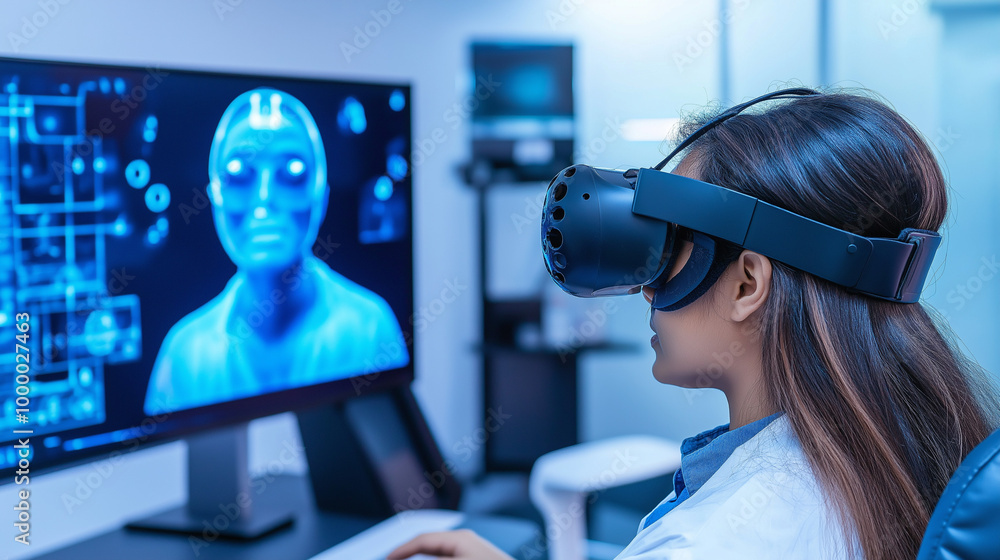 A patient wearing a VR headset, viewing a 3D simulation of potential ...