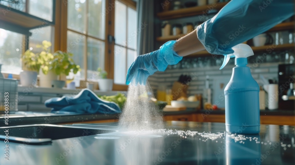 Cleaning home table sanitizing kitchen table surface with disinfectant ...