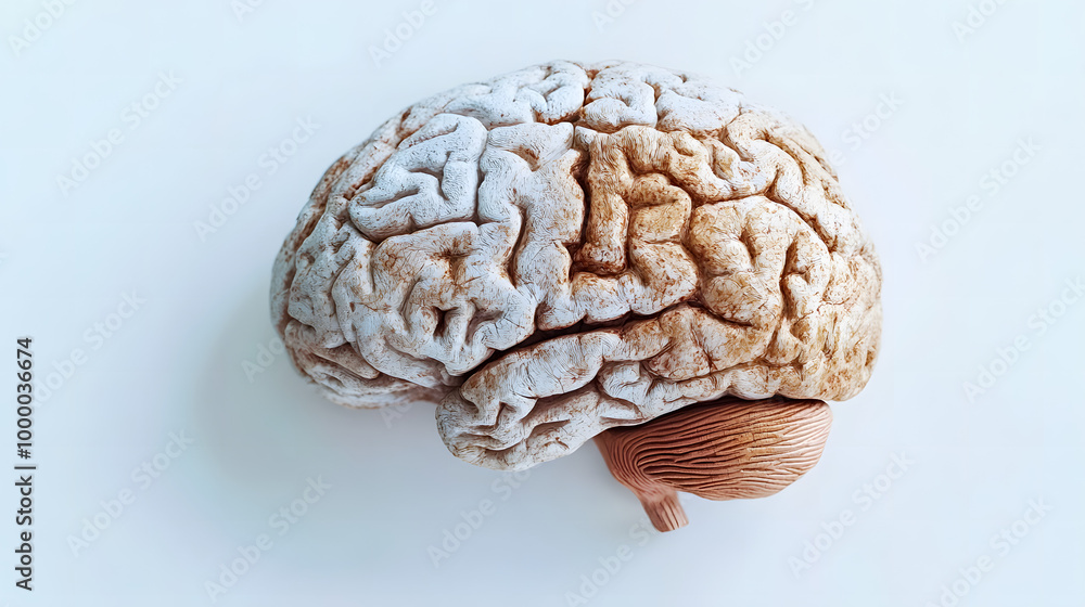 Close-up of a human brain model displaying visible age-related changes ...