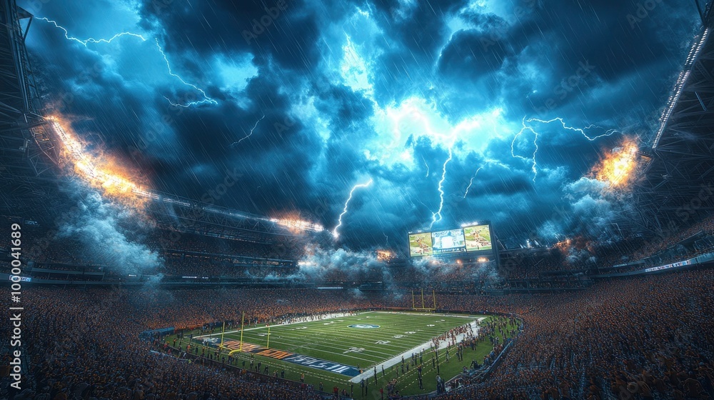 A lightning storm over a modern sports stadium, with bolts of lightning ...