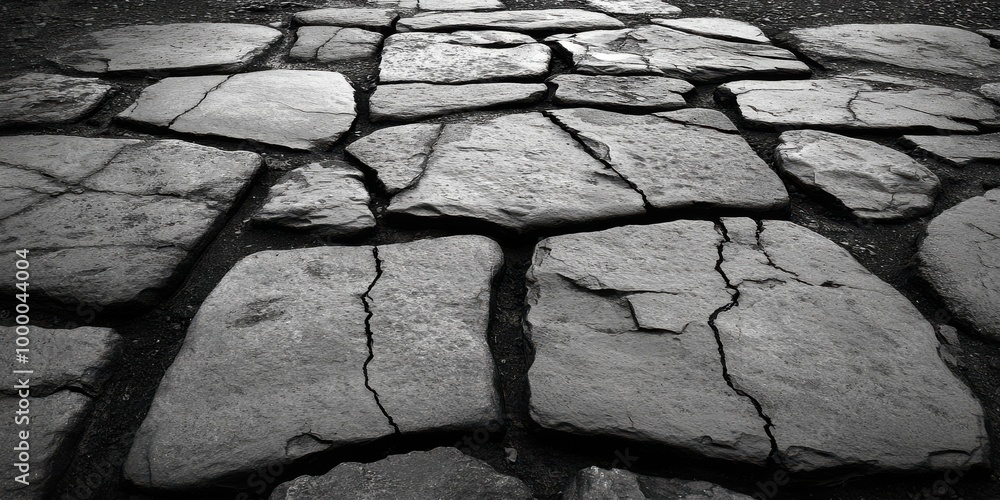 A weathered stone pathway with cracks and fissures, showing the effects ...