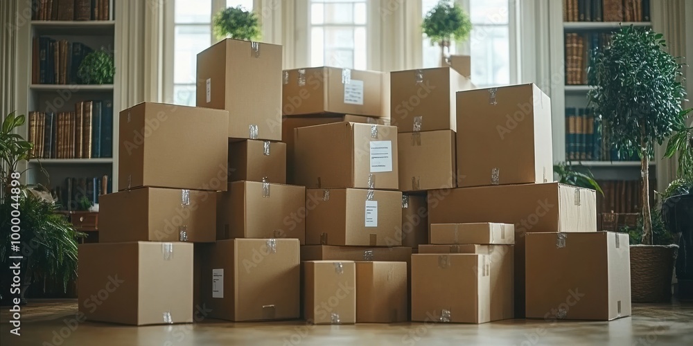 A Towering Stack Of Cardboard Boxes Ready To Be Unpacked Sits Inside