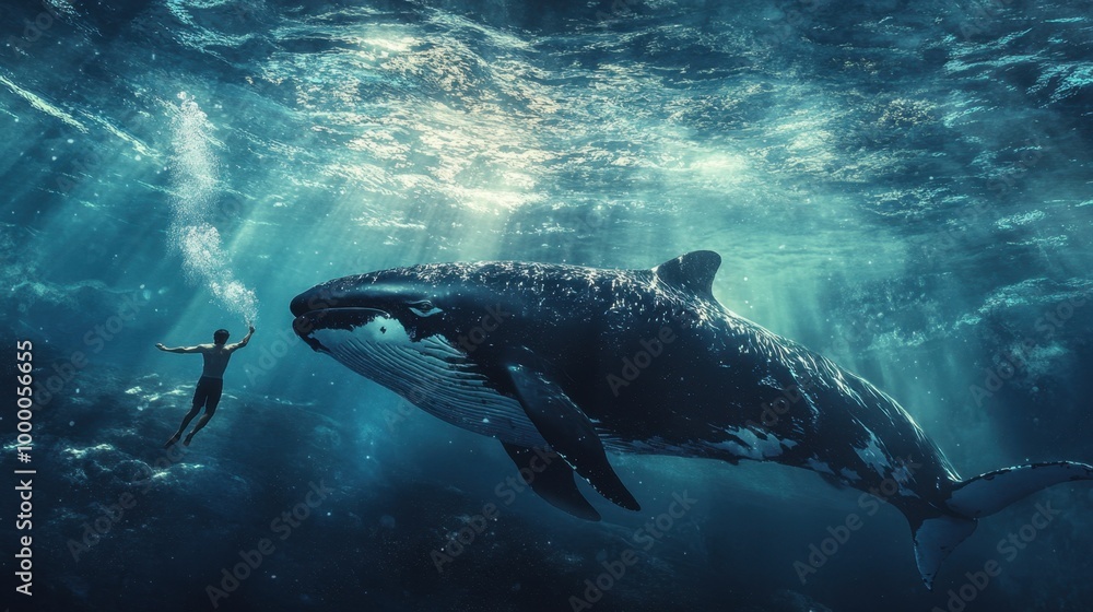 A breathtaking underwater scene of a man swimming near a colossal ...
