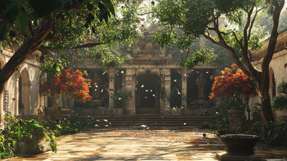 A peaceful temple courtyard at dawn, with the first light of day ...