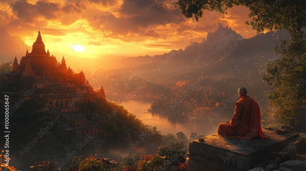 A serene sunset over a remote monastery, with the golden light ...