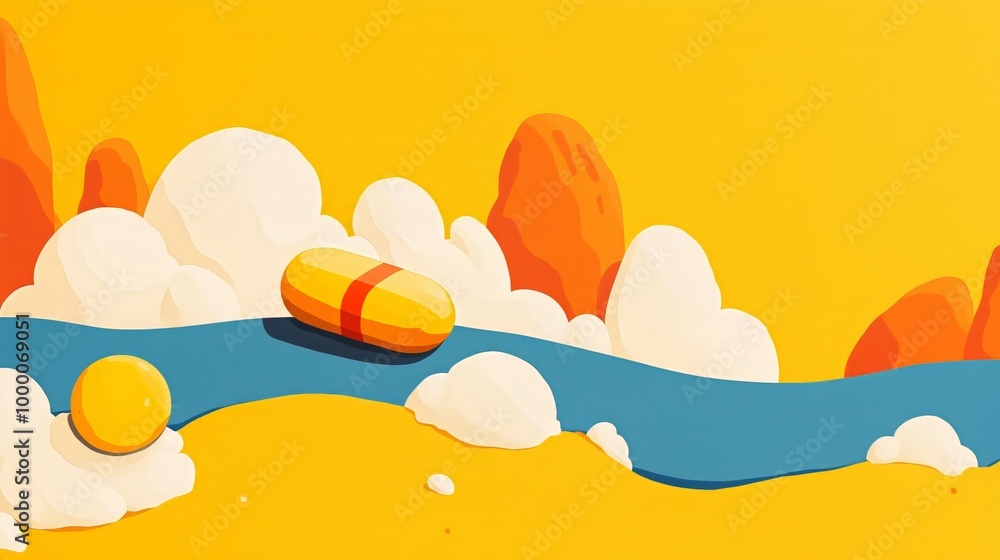 This vibrant illustration portrays a tranquil seascape with oversized ...