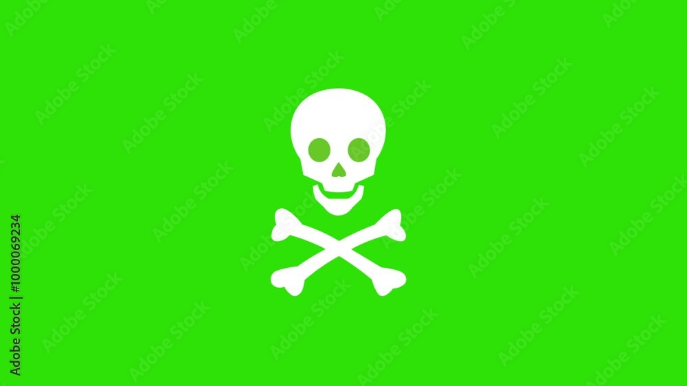 Skull icon, White Halloween skull with scary eyes lights, green screen ...