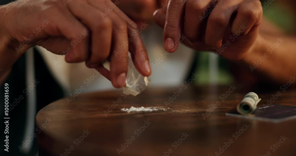 Drugs, addiction and hands of person with powder, card and dollar bill ...