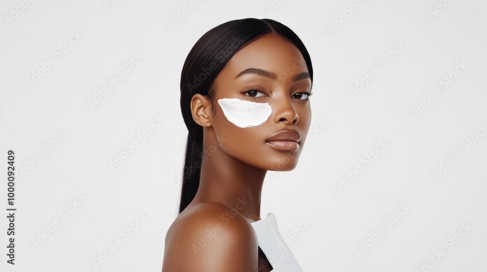 An elegant woman poses with cream on her face, her straight hair and ...