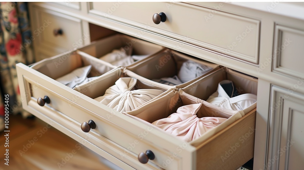 A drawer divided into several sections for storing linen. The color ...