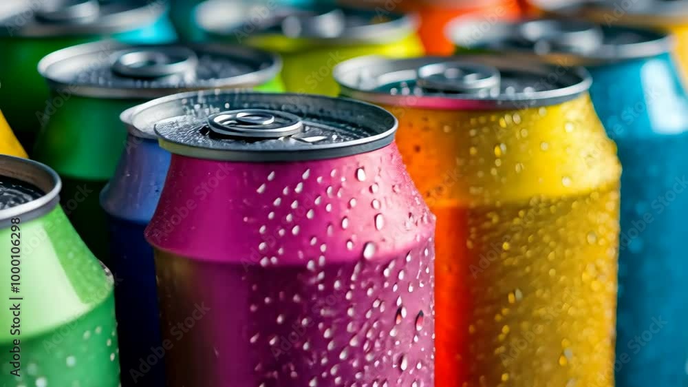 The close-up view of colorful soda cans reveals droplets of ...