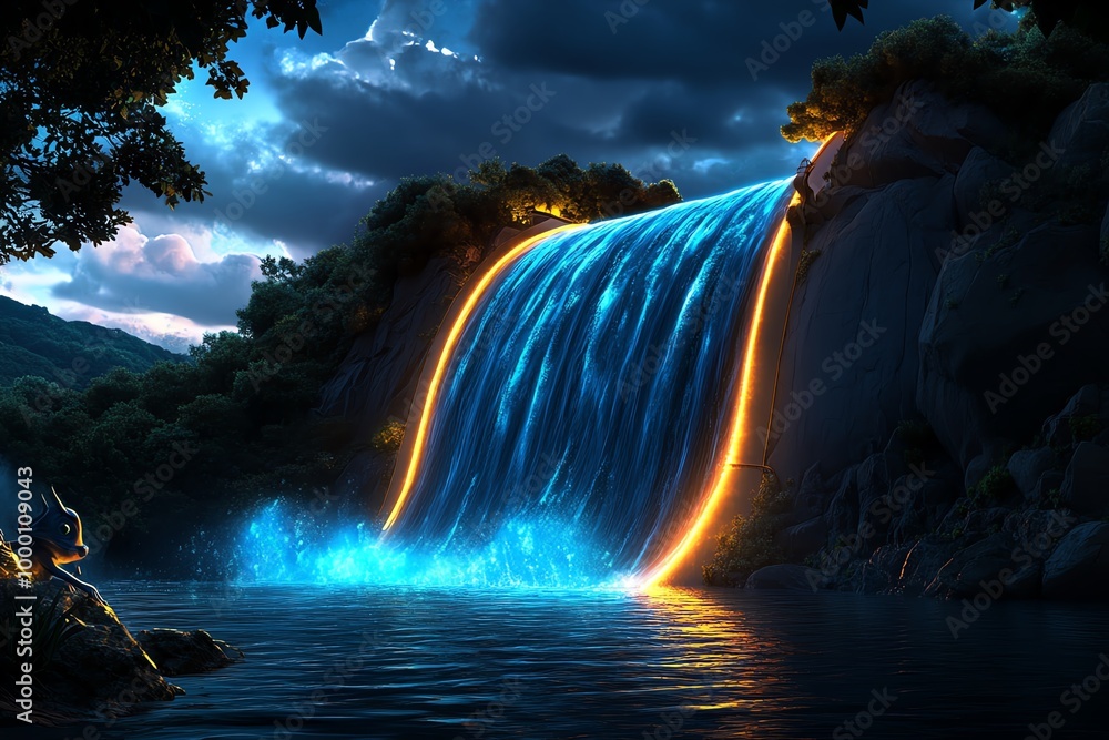 Enchanted waterfall powering a glowing hydroelectric dam, where magical ...