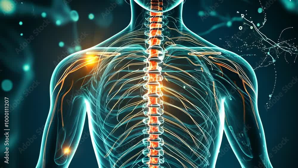 A digital illustration focuses on the human spine and nervous system ...
