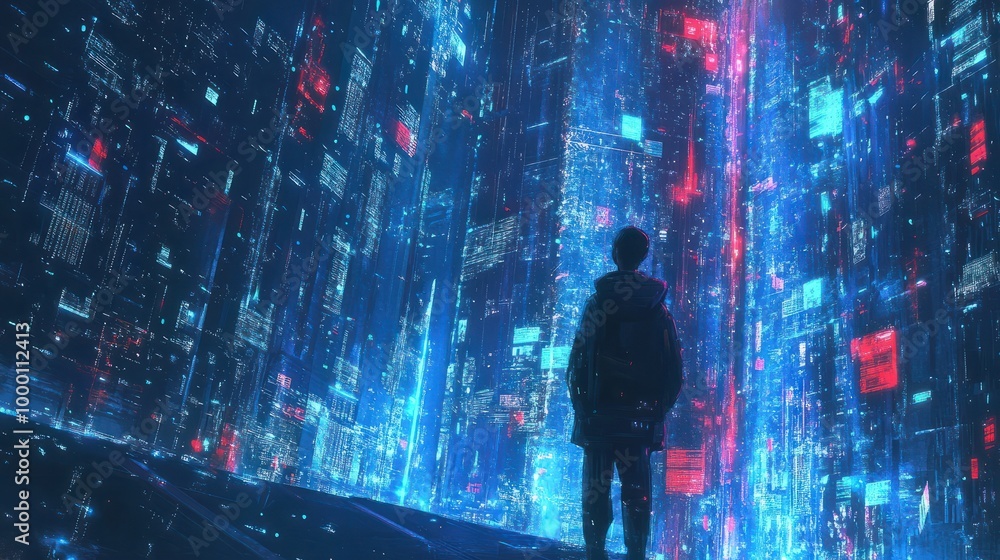 Digital illustrations in blue showcase computer codes and futuristic ...