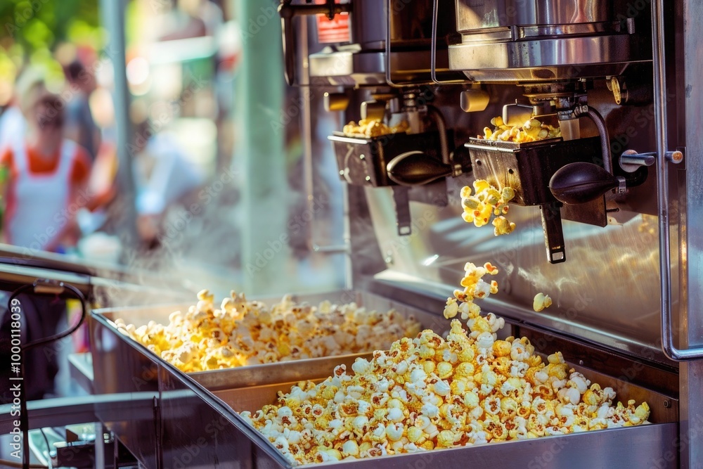 Freshly popped popcorn falling into a tray from a commercial popcorn ...