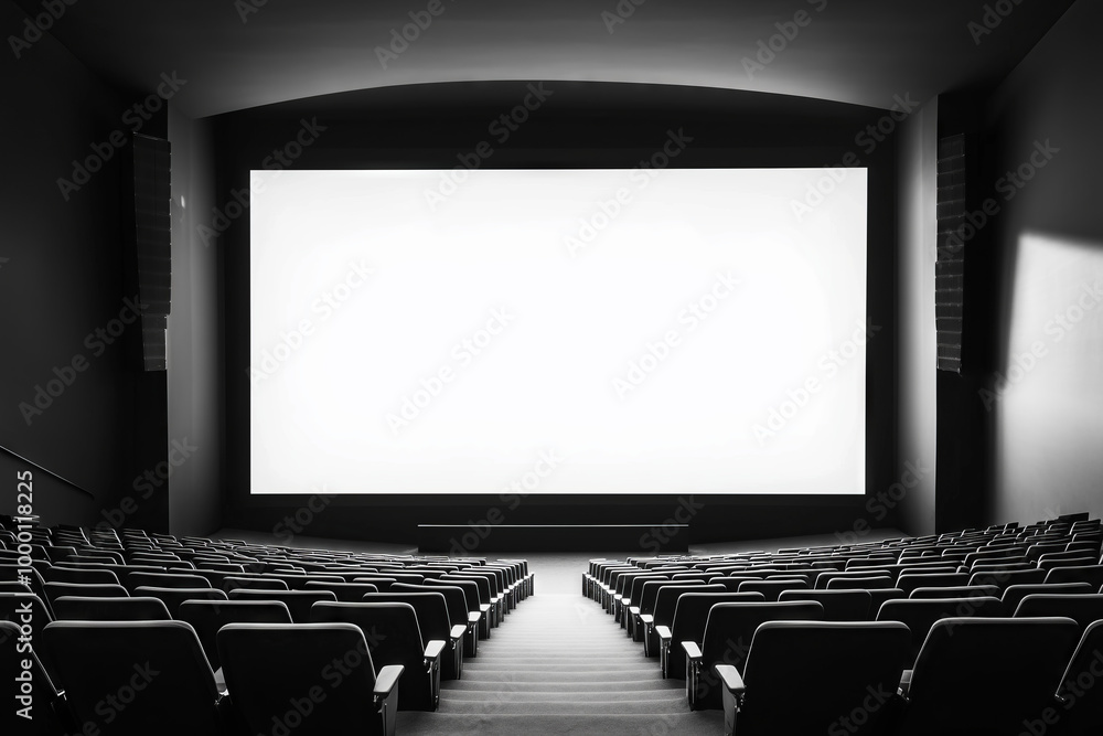 Empty cinema theater with rows of black seats facing a large blank ...