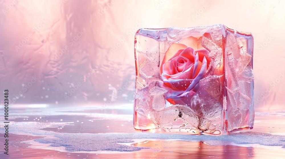 Pink rose perfectly frozen in a block of clear ice with water droplets ...