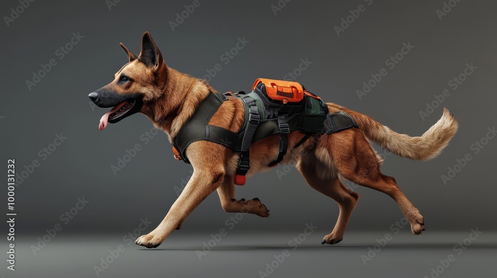 Belgian Malinois wearing a tactical vest while walking on a gray ...