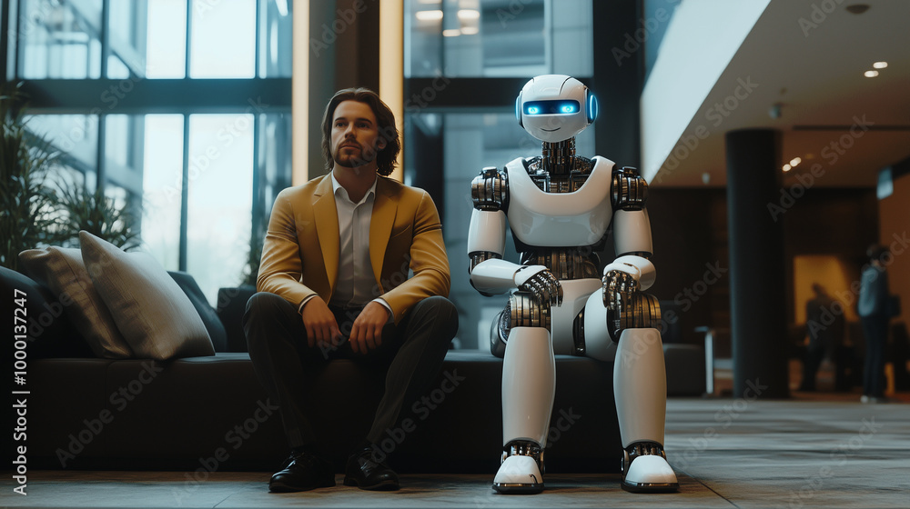A professional man and an advanced AI robot sitting side by side in a ...