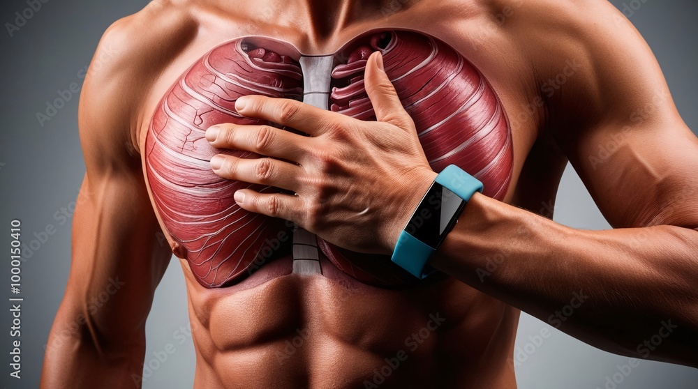 Person chest and abdominal area with surface anatomy details visible ...