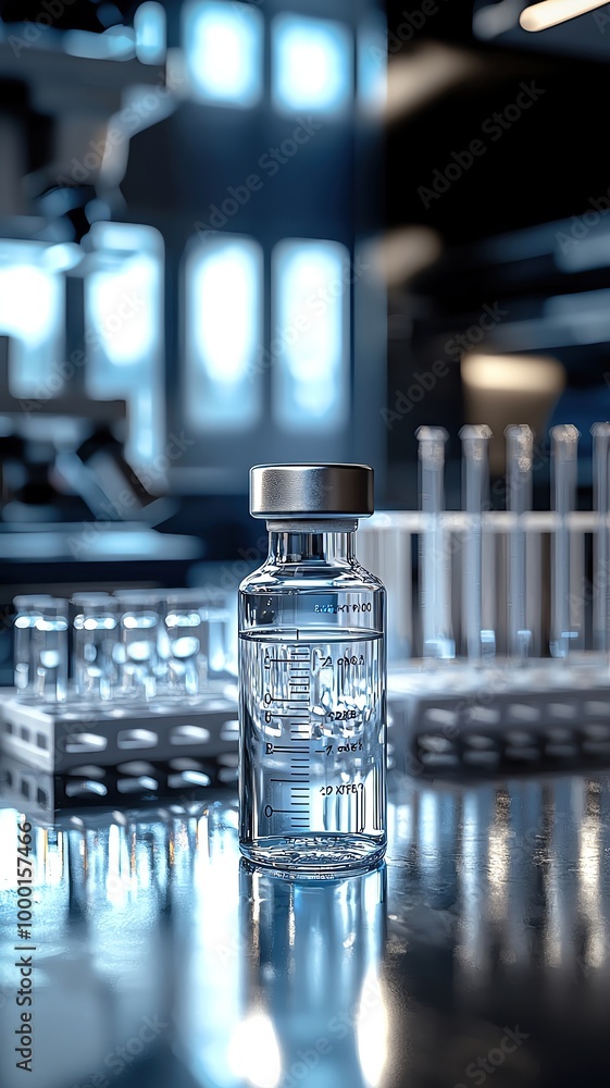 OPV vaccine A clear glass vial sits on a laboratory table, conveying ...