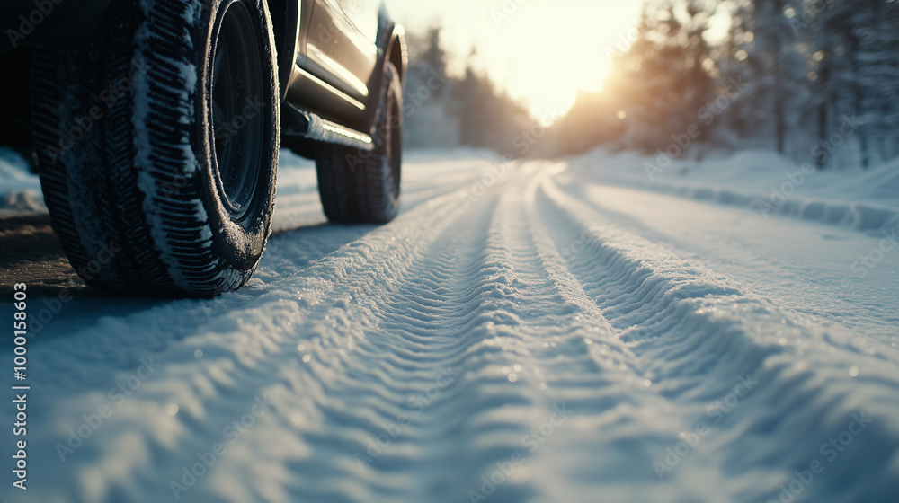 Winter tires covered in snow, the detailed tread marks left behind on ...