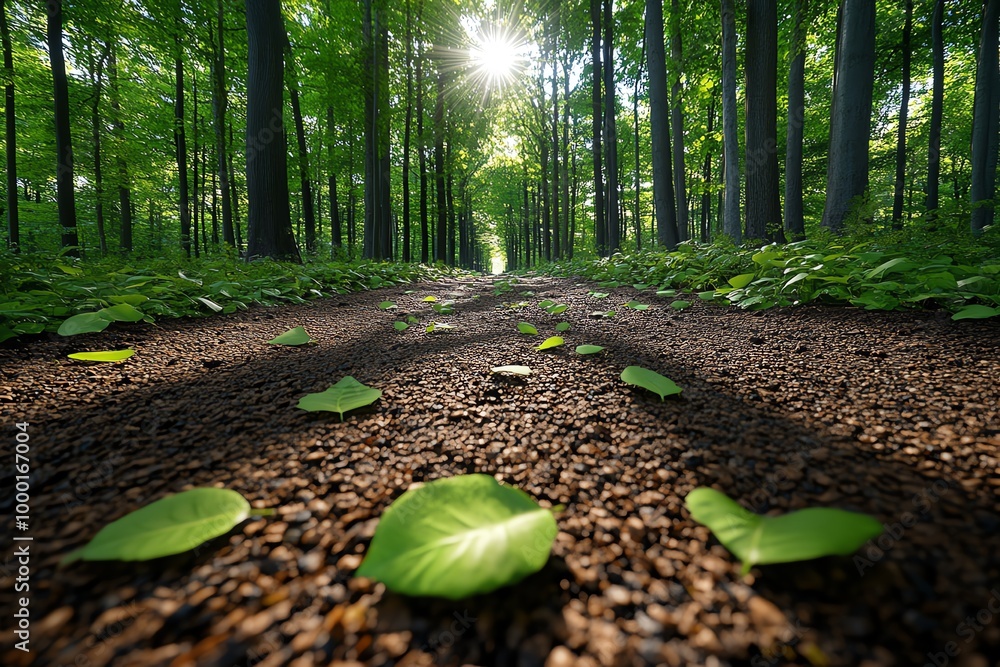 Hyper-realistic forest trail, where the texture of every leaf, the ...