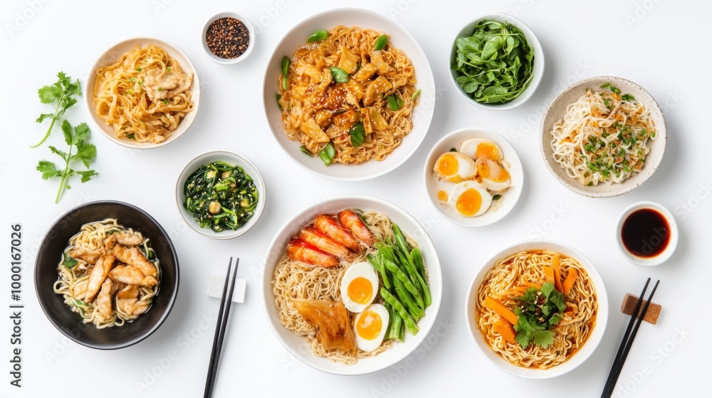 A creative flat lay of various noodle dishes, including pad Thai, ramen ...
