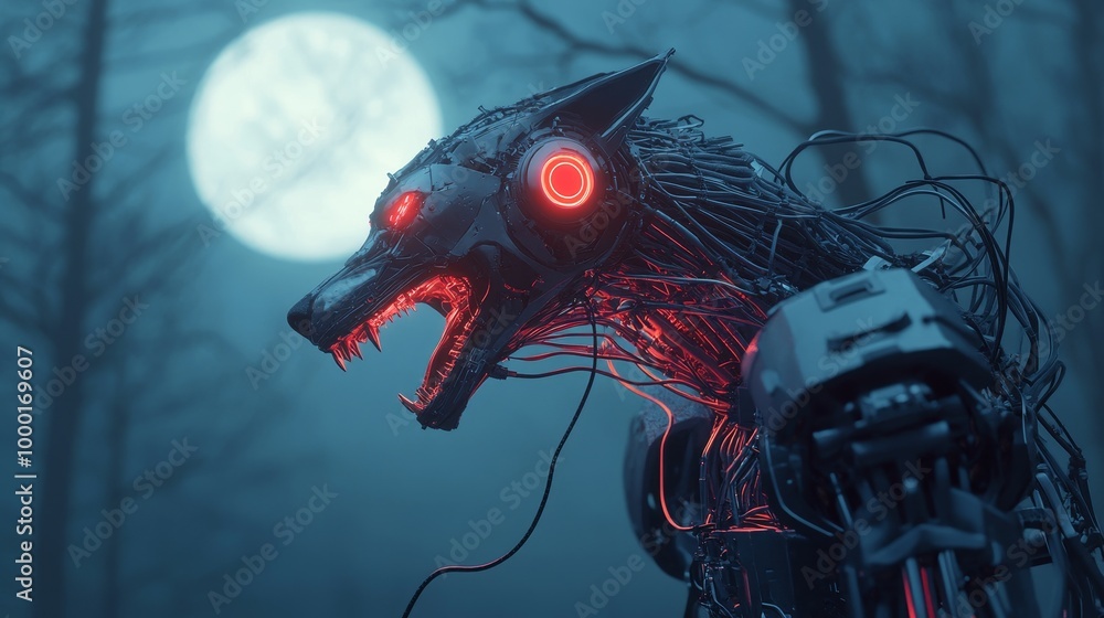 A robotic werewolf howls at the moon, its fur made of wires and ...