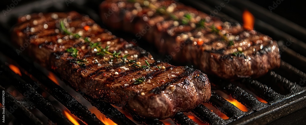 sizzling beef steaks and skewers cooking over a fiery cast iron grate ...
